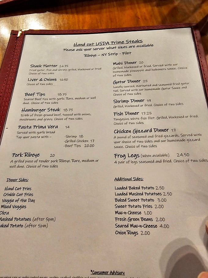 This menu reads like a love letter to Florida's culinary heritage—where else can you find gator tail and prime steaks sharing the same page without awkwardness?