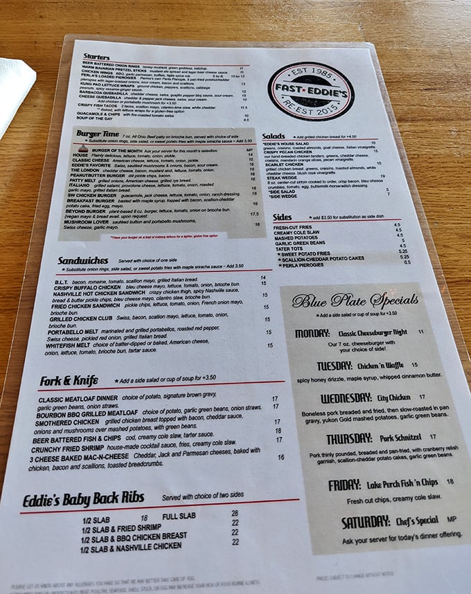 A menu that reads like a love letter to American comfort food. Each description makes your stomach growl louder than your neighbor's vintage motorcycle.