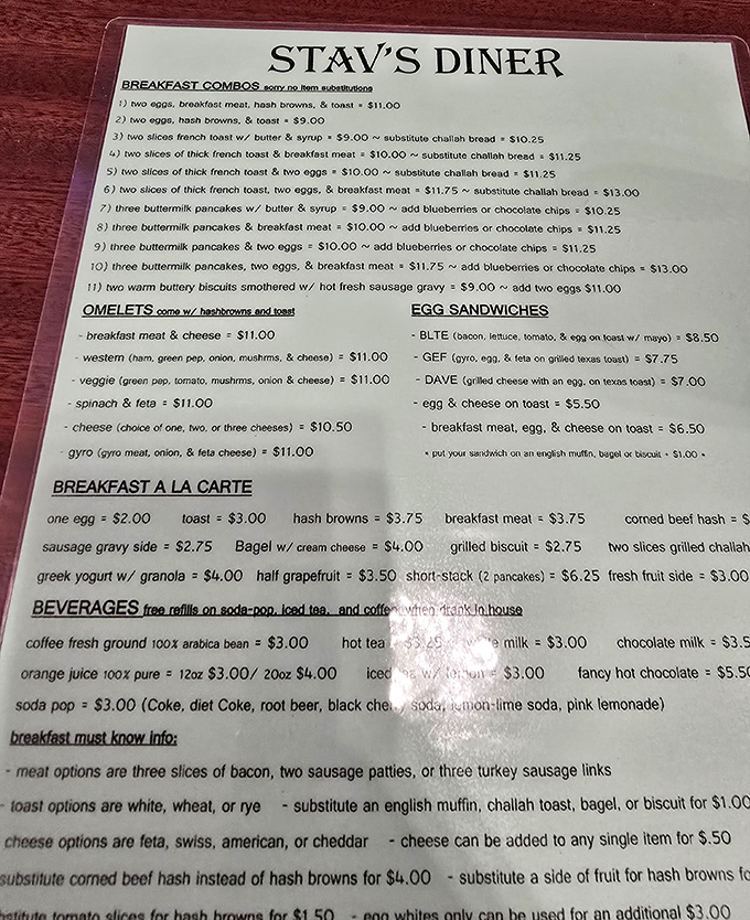 The menu&mdash;a laminated masterpiece of breakfast possibilities. No QR codes, no pretension, just the roadmap to your morning happiness.