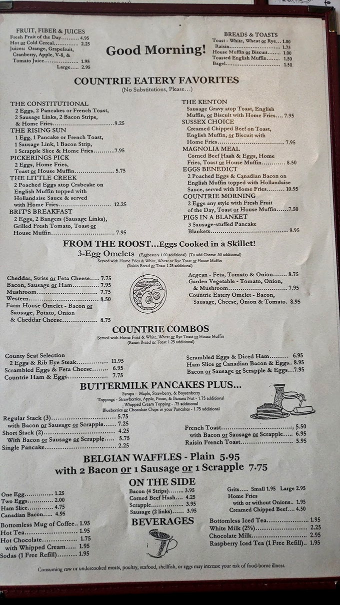 A menu that reads like a love letter to breakfast classics. No QR codes here&mdash;just honest food with names that celebrate Delaware heritage.
