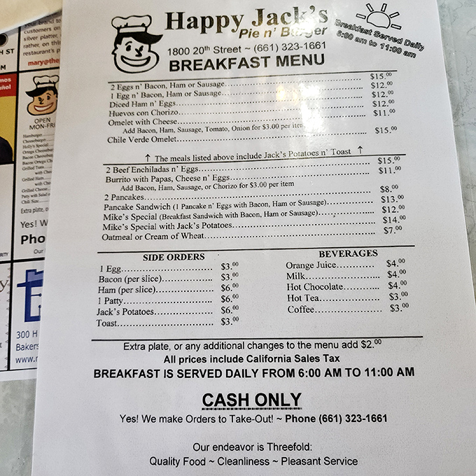 The breakfast menu reveals Happy Jack's morning magic - where "Chile Verde Omelet" isn't just a dish, it's a Bakersfield breakfast tradition worth setting your alarm for.