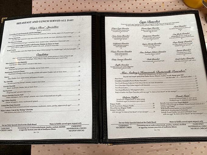 A menu that requires both hands and serious commitment. Choosing between these breakfast masterpieces is like picking a favorite Beatles album.