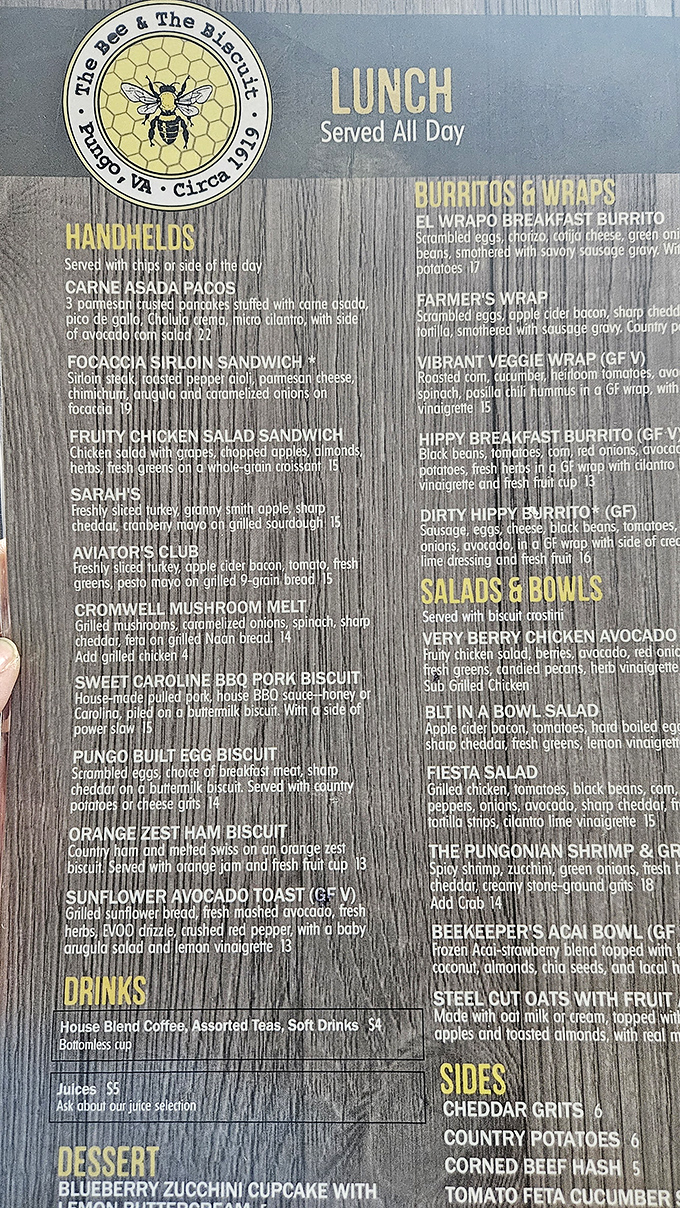 A menu that reads like poetry to hungry souls&mdash;where "Dirty Hippy Burritos" and "Sweet Caroline BBQ Pork Biscuits" aren't just food, they're edible love letters.