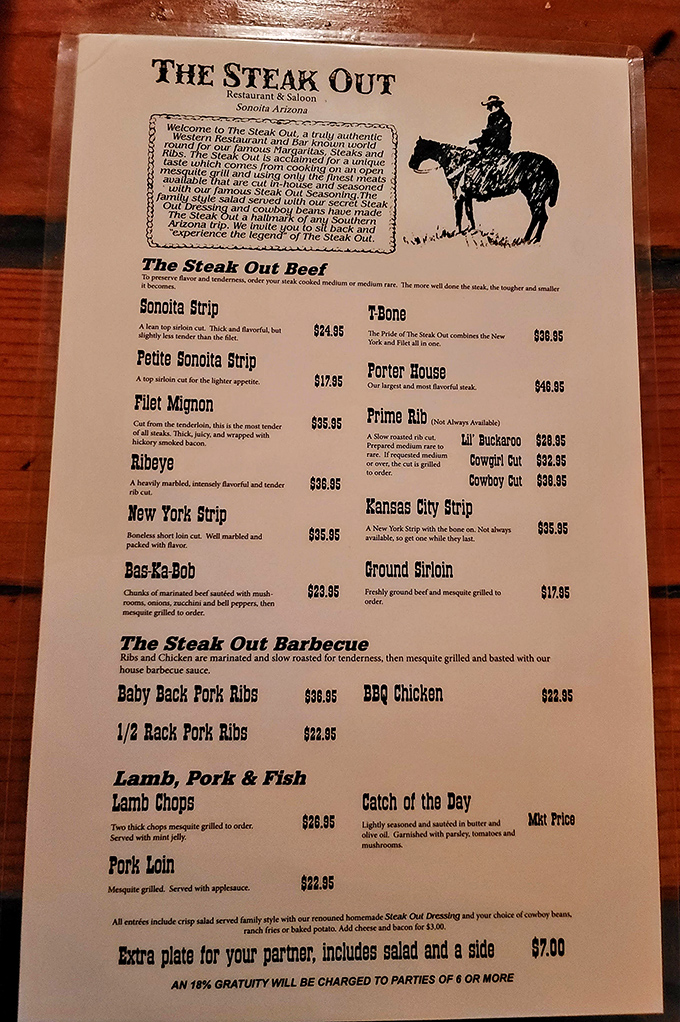 The menu reads like a love letter to beef, with options from Sonoita Strip to Prime Rib that would make even a vegetarian reconsider their life choices.