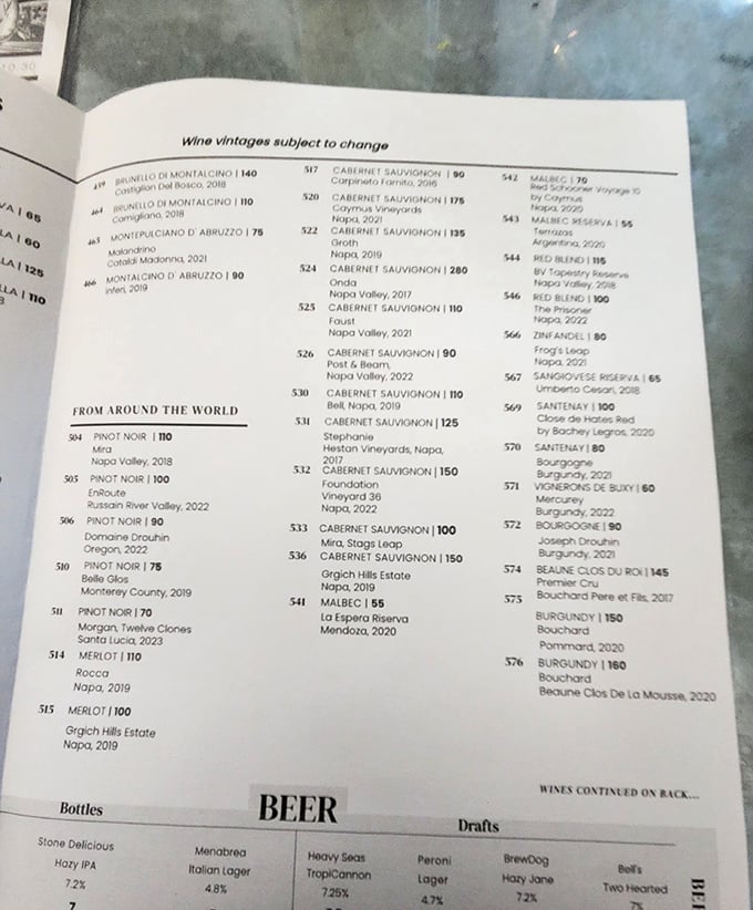 A wine list that reads like a love letter to Italy. From Brunello to Barolo, each bottle tells a story&mdash;and potentially explains tomorrow's headache.