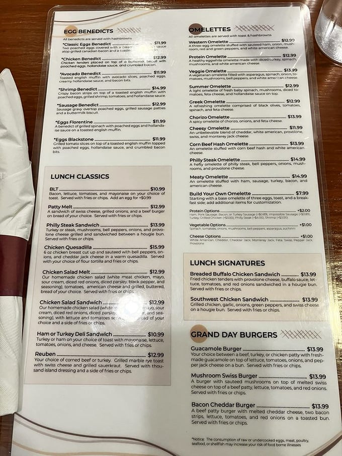 A menu that reads like a love letter to breakfast classics&mdash;where deciding between benedicts and omelets becomes life's most delicious dilemma.