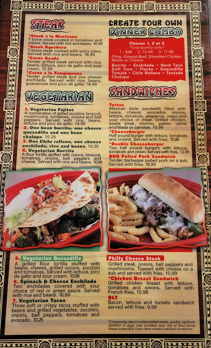 The menu reads like a love letter to Mexican cuisine, offering everything from traditional favorites to vegetarian delights that aren't mere afterthoughts.