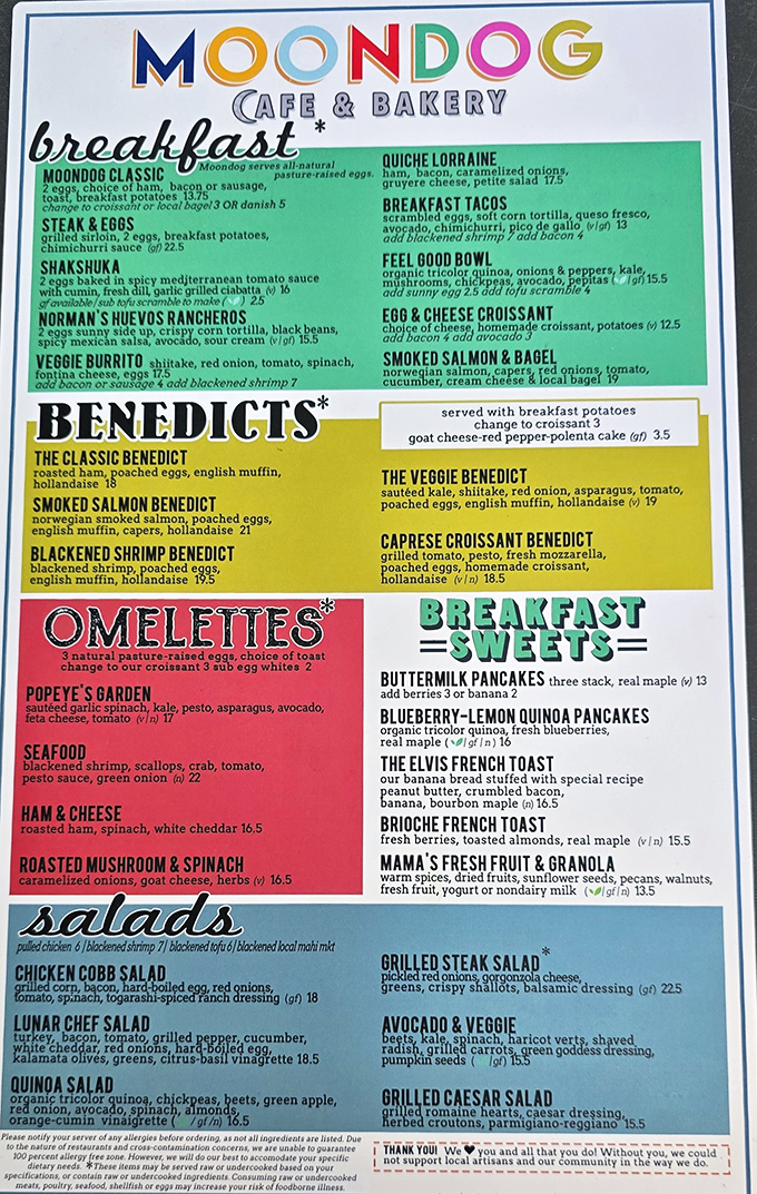 This rainbow-bright menu isn't just informative&mdash;it's a mood-lifter. "The Elvis French Toast" would make the King himself say thank you, thank you very much.