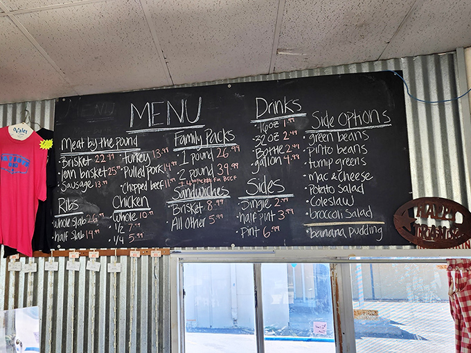The chalkboard menu speaks the universal language of smoked meat devotion, with "Brisket" rightfully claiming its place at the top of the hierarchy.