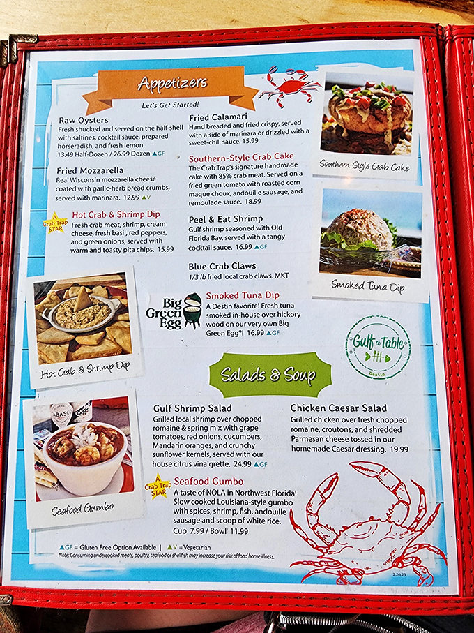 The menu reads like a love letter to the Gulf, with everything from raw oysters to their signature Southern-Style Crab Cake.