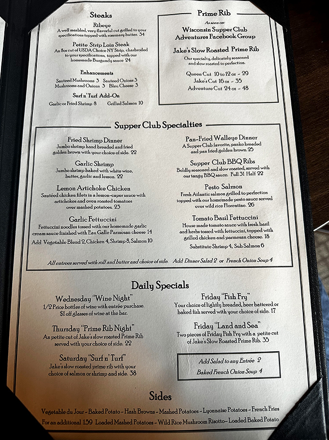 This menu isn't just a list of options&mdash;it's a love letter to Wisconsin supper club traditions where prime rib reigns supreme and daily specials inspire weekly pilgrimages.