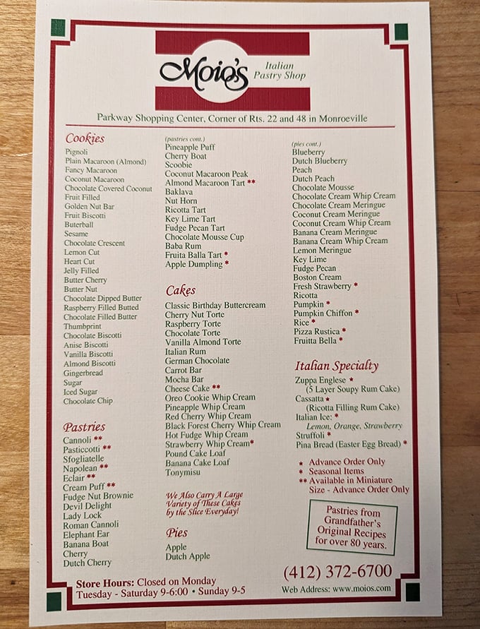 This menu isn't just a list&mdash;it's a roadmap to happiness. I've seen religious texts with fewer devoted followers than Moio's pastry selection.