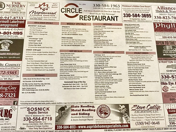 The menu doubles as local advertising, a small-town innovation that tells you everything you need to know &ndash; this place is woven into community fabric.