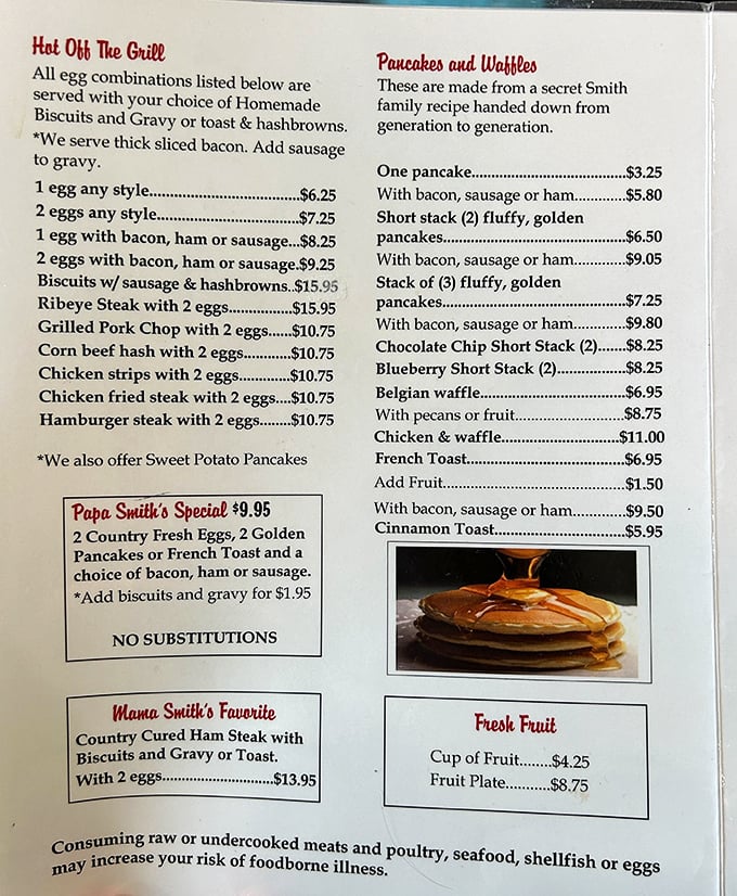 This menu isn't trying to reinvent breakfast&mdash;it's perfecting it. Note the "secret Smith family recipe" pancakes that have stood the test of time.