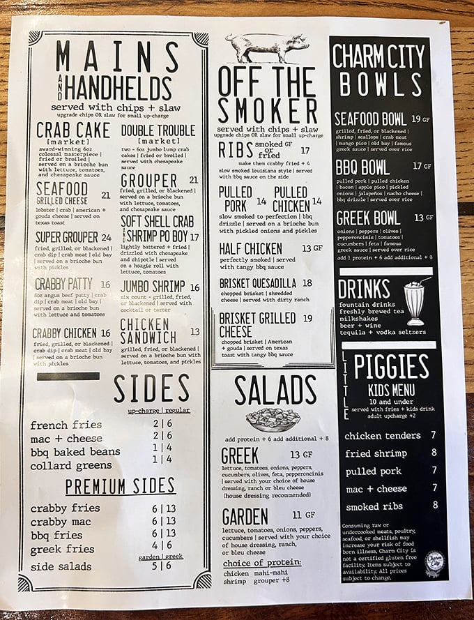 This menu isn't just a list&mdash;it's a roadmap to happiness. "Crabby Patty" isn't just clever wordplay; it's your next food obsession waiting to happen.