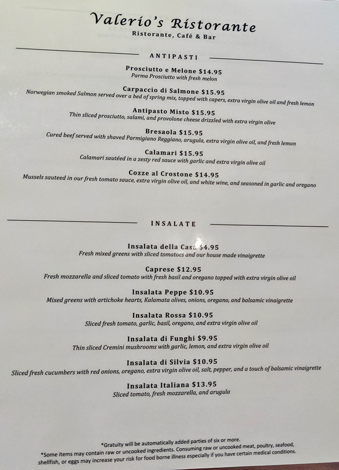 The menu reads like a love letter to Italian cuisine—restrained, confident, and promising the kind of meal that makes you cancel tomorrow's plans.