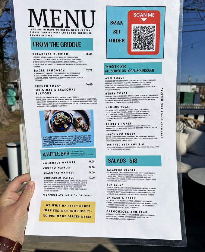 The menu reads like a love letter to morning cuisine, with each description making you want to order one of everything. Decision paralysis guaranteed.