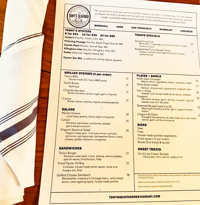This menu isn't just a list—it's a maritime treasure map where X marks the spot for your next favorite meal.