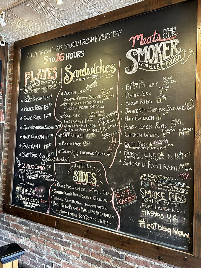 That chalkboard menu reads like a love letter to smoked meat, with promises that actually get delivered.