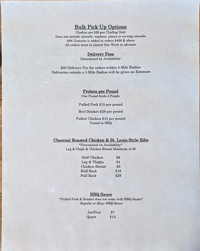 This menu isn't just a list – it's a roadmap to happiness. Notice how they measure food by the pound? That's barbecue confidence.