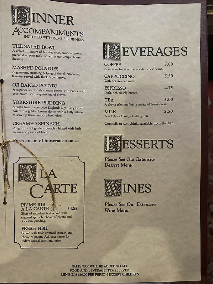 The menu reads like a love letter to simplicity – prime rib is the undisputed star, with classic sides that know their supporting role perfectly.