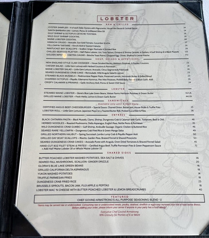 This menu isn't just a list&mdash;it's a maritime treasure map. From oyster samplers to butter-poached lobster mashed potatoes, the hardest part is choosing. 
