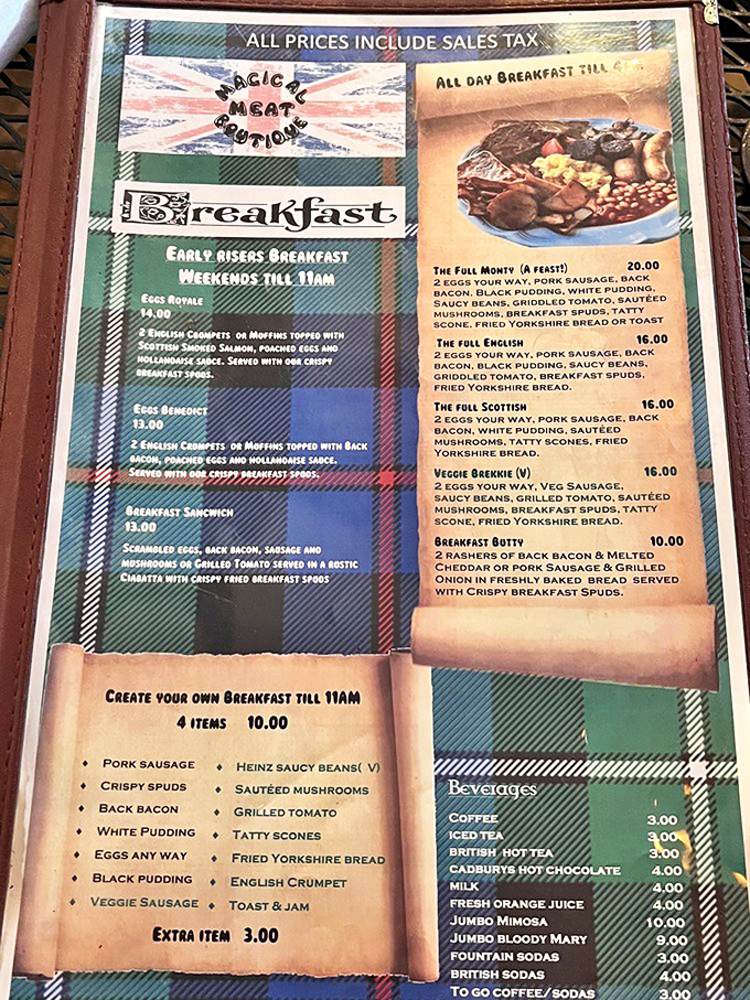 The breakfast menu reads like a love letter to British morning traditions. "The Full Monty" isn't just a movie, it's a plate-filling adventure!