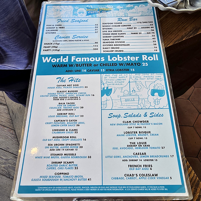 The menu reads like a love letter to the ocean, with the "World Famous Lobster Roll" taking center stage&mdash;a siren song for seafood lovers from coast to coast.