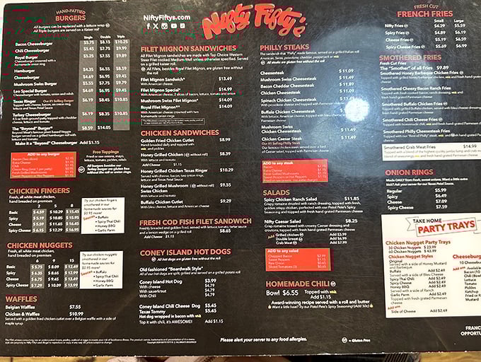 The menu at Nifty Fifty's isn't just extensive—it's a novel of comfort food possibilities that requires a game plan and possibly a second stomach.