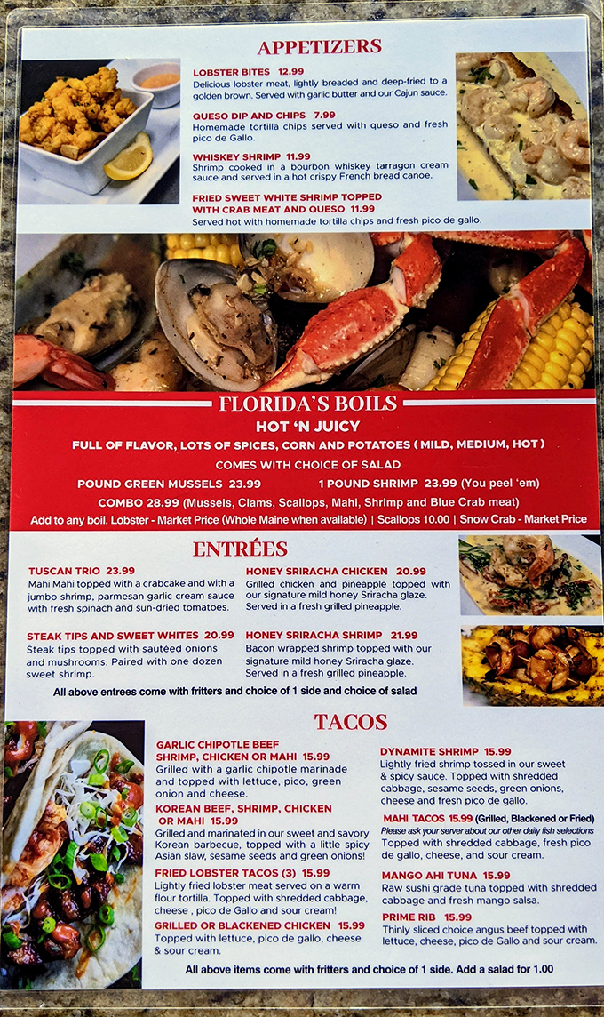 A menu that doesn't just list food &ndash; it presents life choices. The "Florida's Boils" section is basically a treasure map for your taste buds.