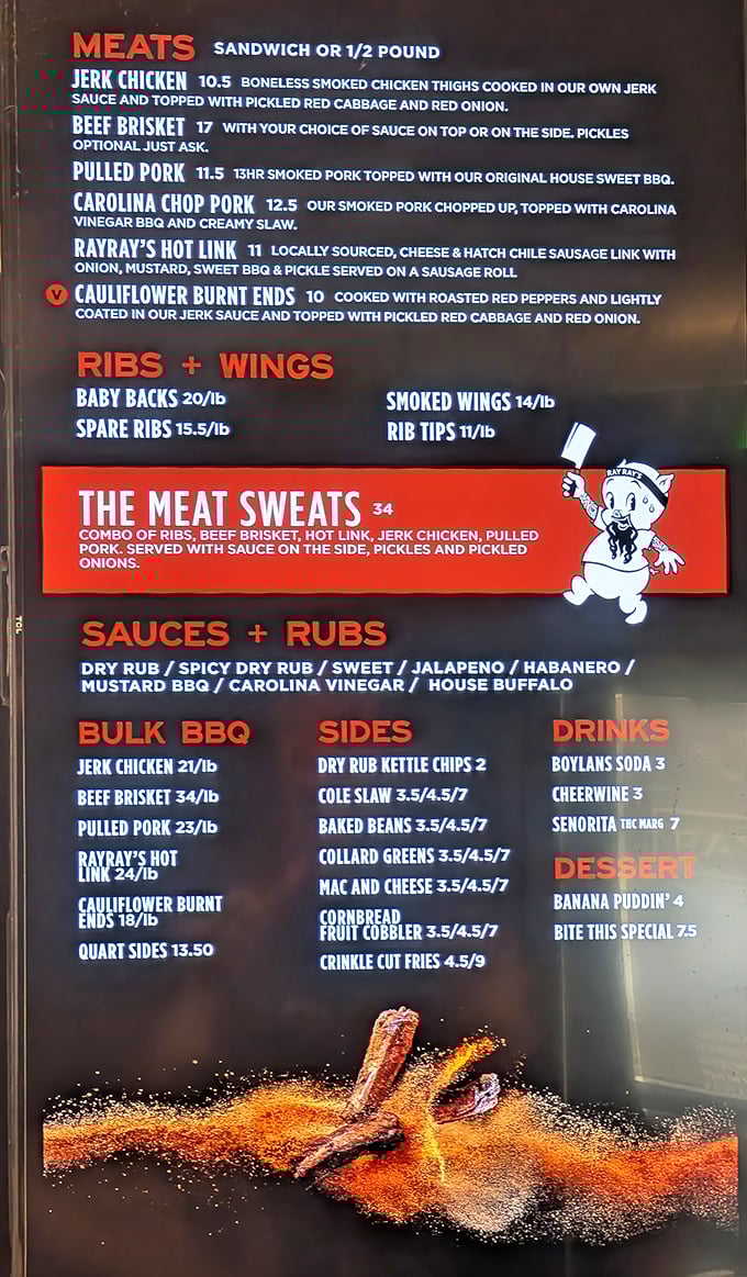 The menu board that launches a thousand cravings. "The Meat Sweats" isn't just a meal, it's a delicious challenge worthy of a Food Network showdown.
