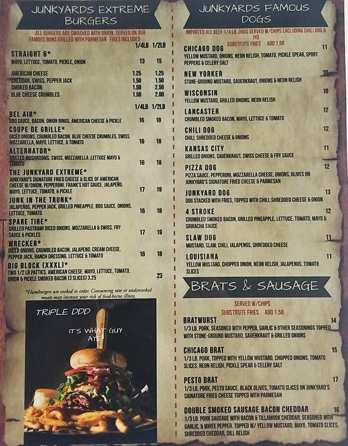 This menu isn't just a list &ndash; it's a roadmap to burger nirvana with automotive-themed creations that'll have your stomach revving.