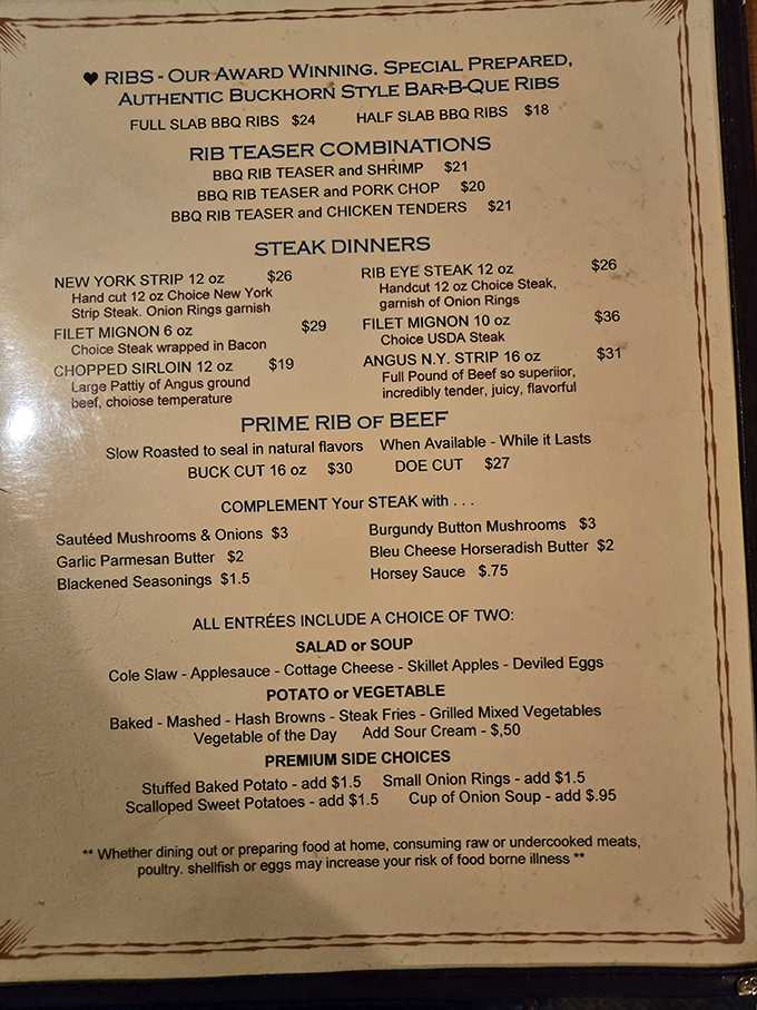 The menu reads like a love letter to carnivores, with prime rib taking center stage in its "Buck" and "Doe" cuts—poetry for the protein-obsessed.