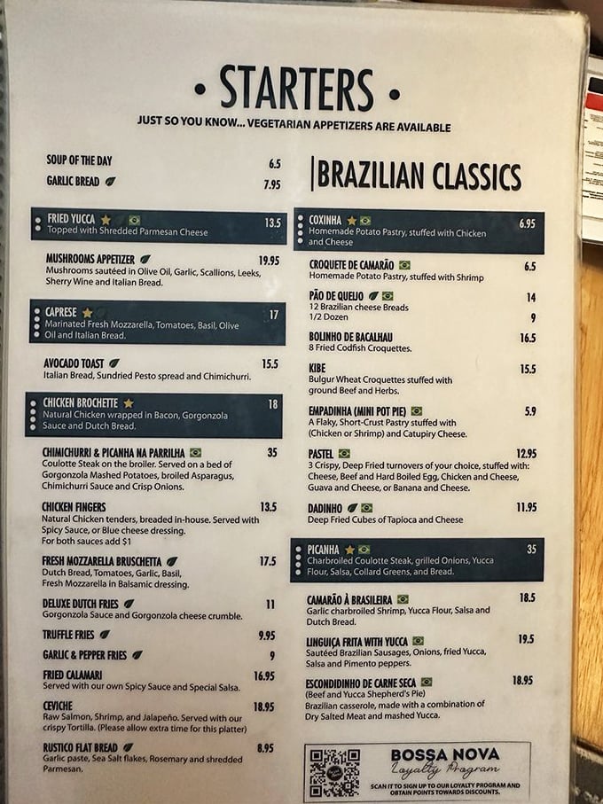 The menu reads like a love letter to Brazilian cuisine, with enough variety to warrant multiple visits just to scratch the surface.