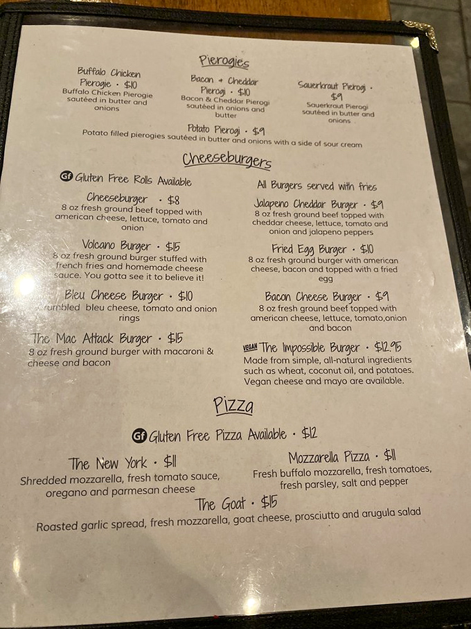 The menu reads like a love letter to comfort food classics, with pierogies and burgers taking center stage in this culinary romance.