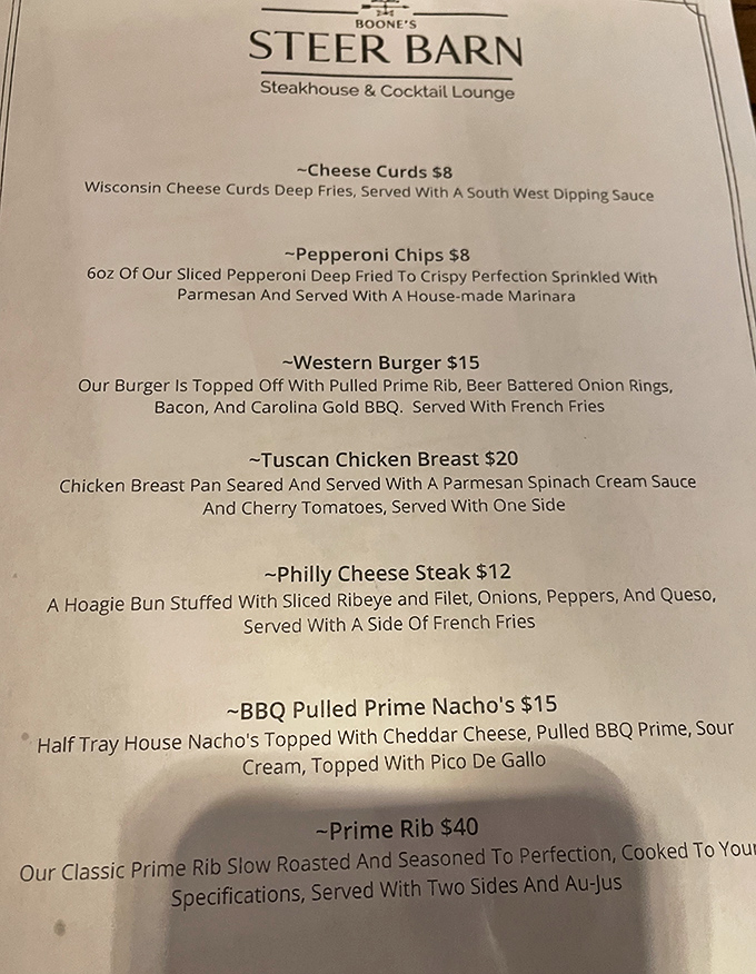 The menu reads like a love letter to carnivores, with each description making your stomach growl louder than a tractor without a muffler.