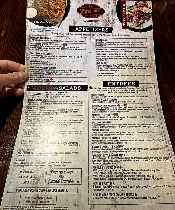 A menu that reads like a love letter to comfort food classics. Those legendary onion rings alone are worth the drive from Columbus.