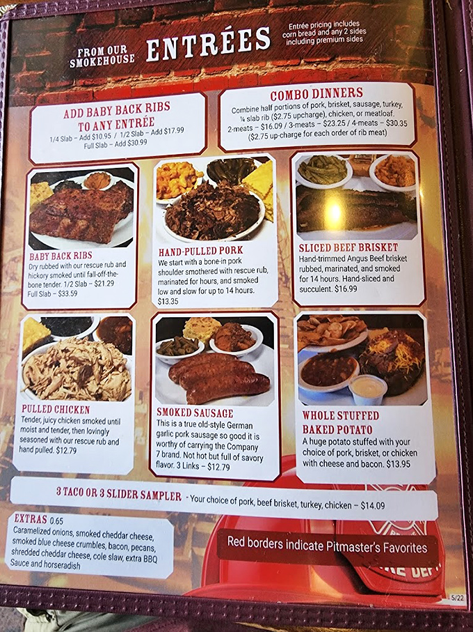 A menu that reads like a love letter to smoked meats. Each description makes your stomach growl louder than your car when it needs an oil change.