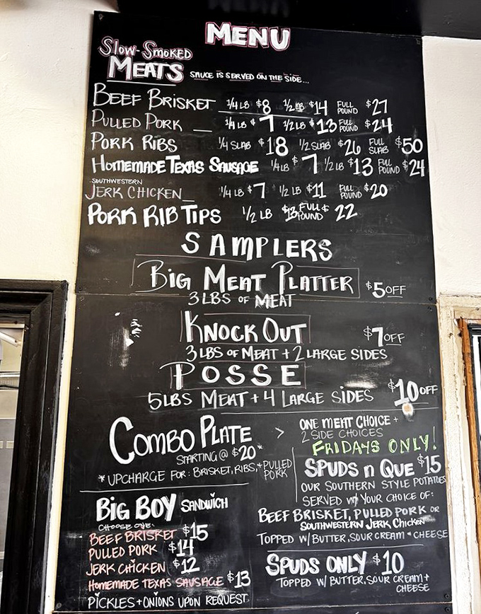 The chalkboard menu speaks the universal language of smoked meat devotion. No fancy fonts needed when the offerings are this legendary.