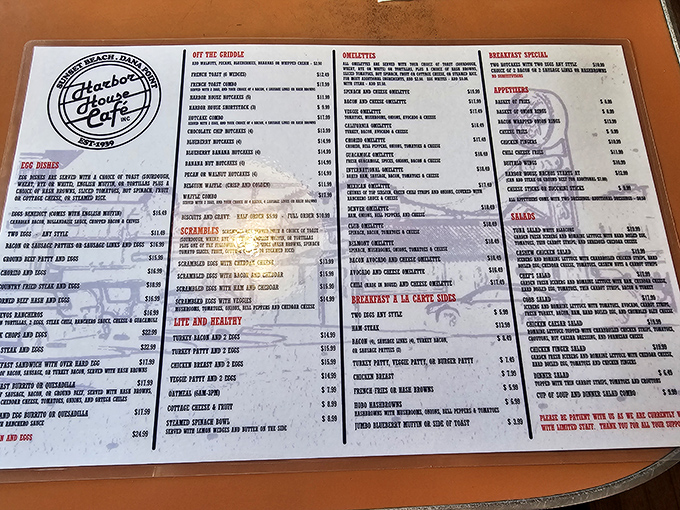 The menu isn't just extensive—it's a laminated manifesto declaring that breakfast liberation should be available at all hours.