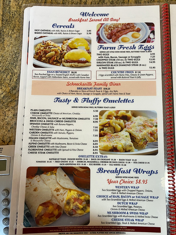 Breakfast served all day—three words that should be enshrined in the Culinary Hall of Fame. The menu promises "Tasty & Fluffy Omelettes" and delivers.