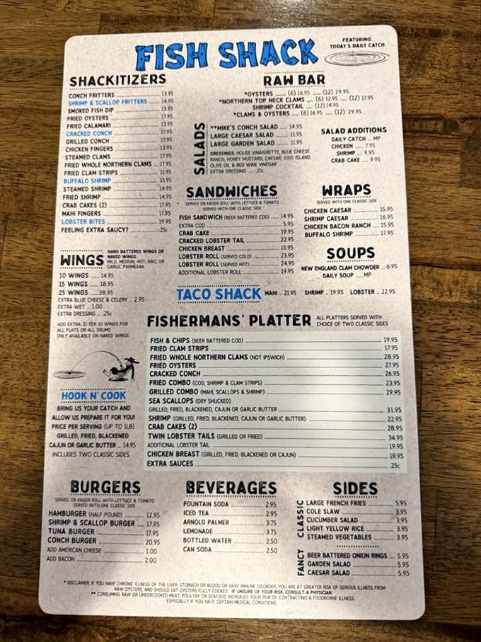 The menu reads like a love letter to the ocean, with "Shackitizers" that could make a mermaid abandon her diet.