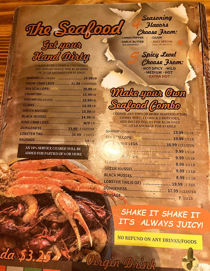 The menu doesn't mince words: "Get your Hand Dirty" isn't a suggestion—it's the only way to properly experience this seafood feast.
