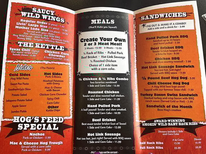 The menu reads like a love letter to carnivores, with each description promising smoky delights that'll make your taste buds stand at attention.