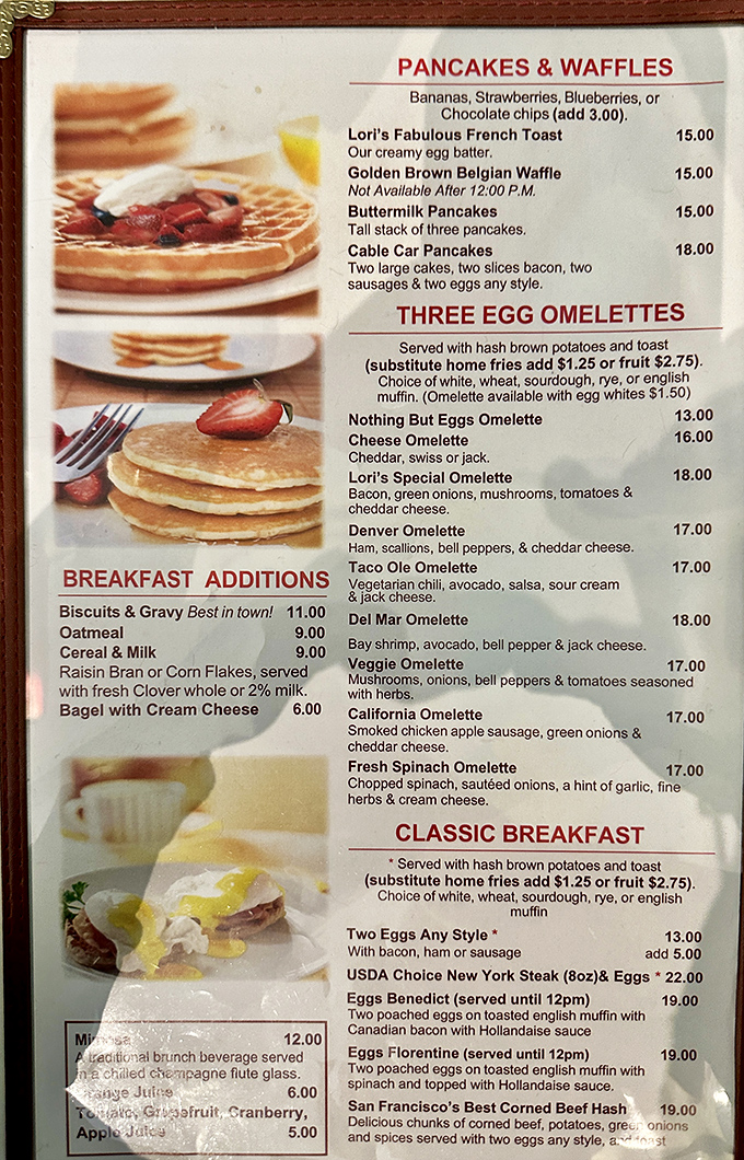 The menu reads like a love letter to American classics. That "Fabulous French Toast" isn't just bragging&mdash;it's truth in advertising.