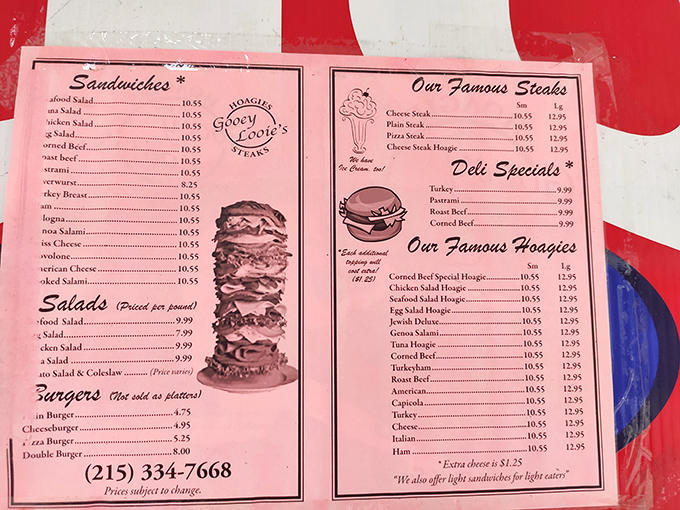 The pink menu tells you everything you need to know: this place takes sandwiches seriously, with illustrations that aren't exaggerating.