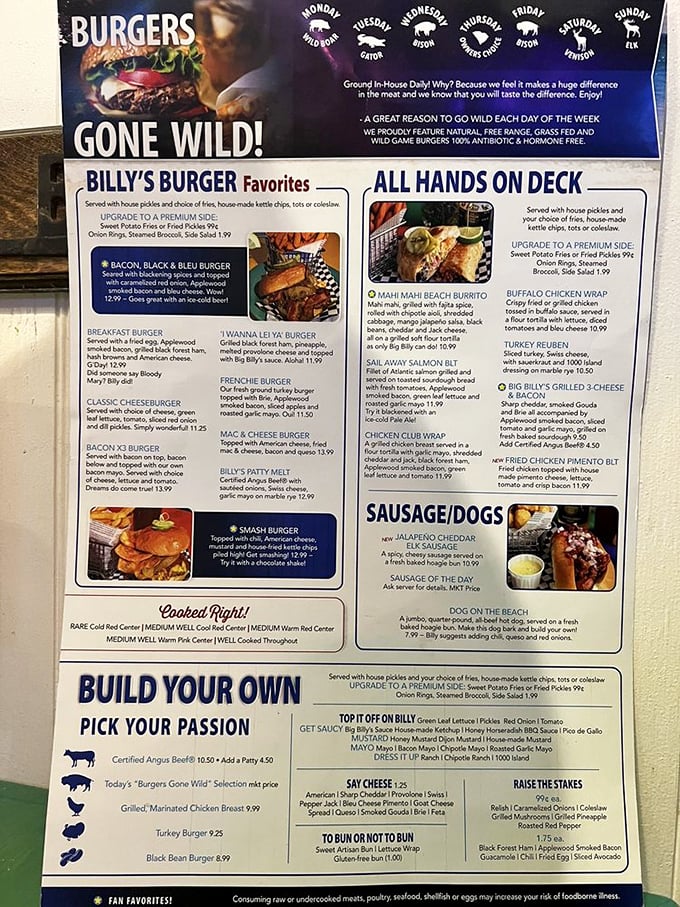 The menu reads like a carnivore's dream journal&mdash;wild game burgers rotate daily, proving Monday through Sunday can each have their own flavor profile.