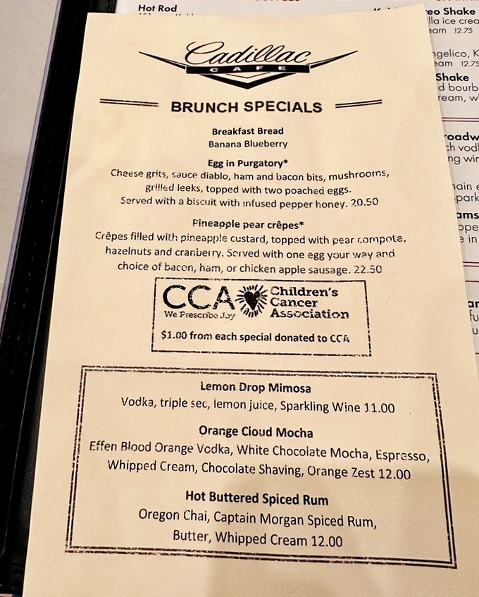 The menu reads like a love letter to breakfast, with "Egg in Purgatory" proving that even in culinary limbo, deliciousness prevails.