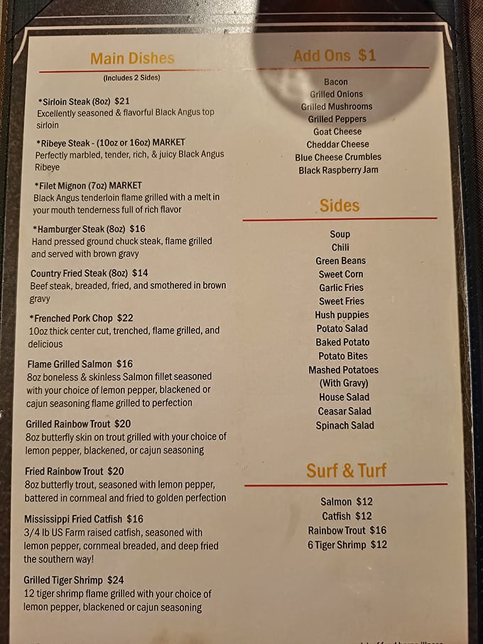 The menu reads like a love letter to carnivores&mdash;Black Angus steaks flame-grilled with descriptions that'll make your mouth water before the first bite.