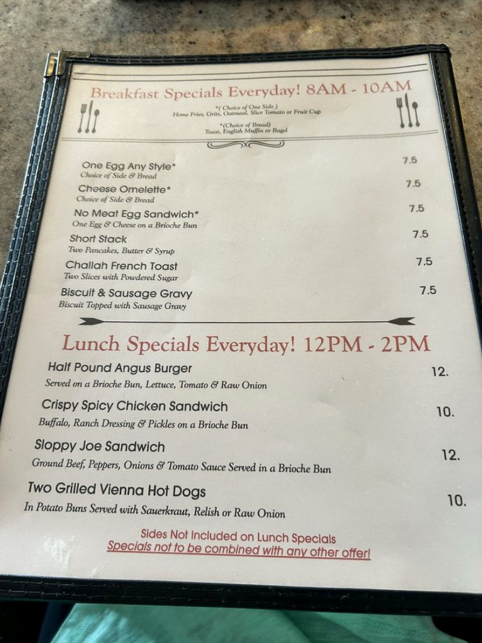 This menu doesn't need fancy descriptions or trendy ingredients. It speaks the universal language of breakfast comfort.